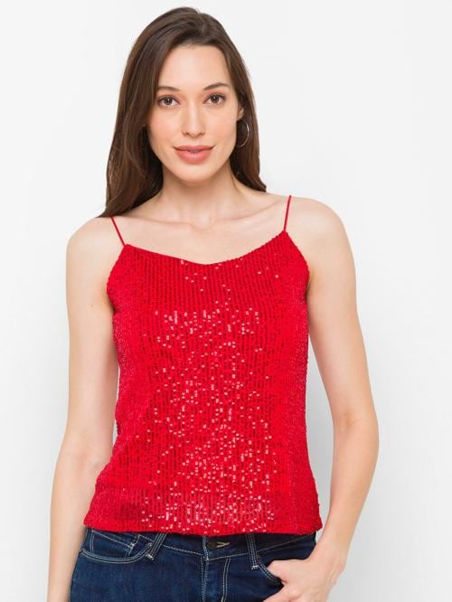Buy GLOBUS Women Red Embellished Polyester Top Online at Best Prices in ...