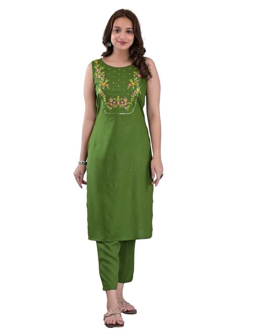 Buy Maquien Women Green Embroidered Rayon Kurta Suit Set Online at Best ...