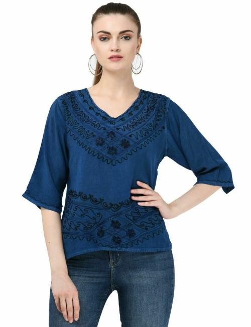 Buy SAAKAA Women's Rayon Denim Blue Embroidery Top Online at Best ...