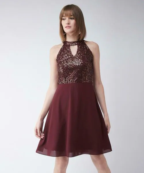 Buy Miss Chase Women Maroon Solid Georgette Single Dress Online at Best ...