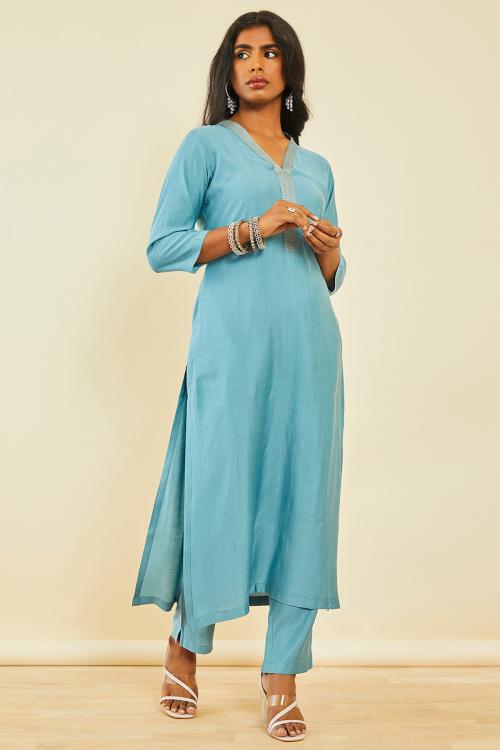 Buy Soch Grey Silk Blend Solid Kurta Set With Zari Online at Best ...