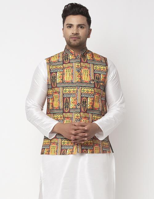 Buy Benstoke Men's Yellow & Black Cotton Blend Printed Nehru Jacket ...