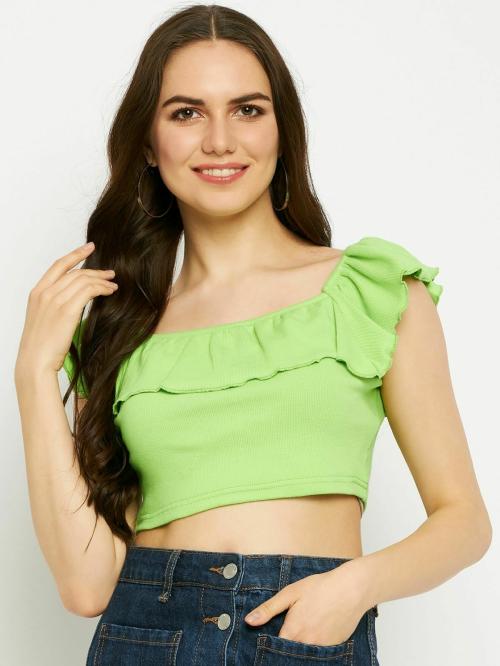 Buy Brinns Green Square Neck Flutter Sleeves Crop Top Online at Best ...