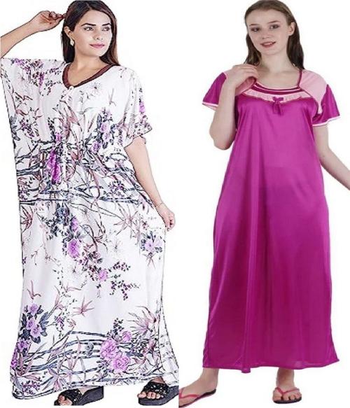 Buy BEAUTY CRAZE Women's Satin Floral Print Nightgown And Satin Solid ...