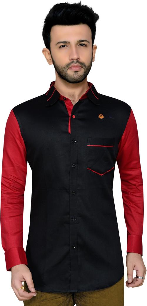 Buy PP SHIRTS Men Black Color Block Cotton Blend Spread Casual Shirt (L ...