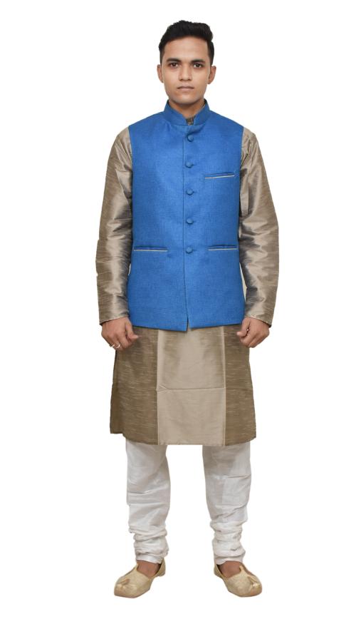 Buy Mag Men's Copper Gold Silk Kurta White Churidhar With Sky Blue Joot ...