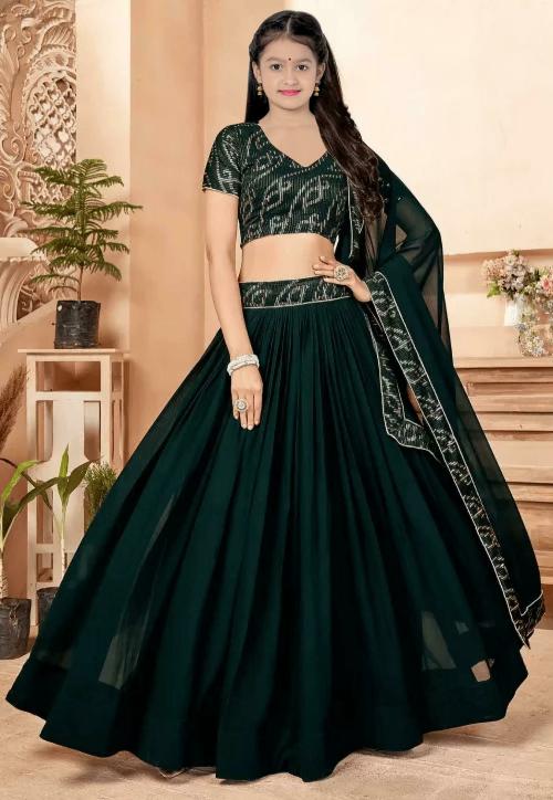 Buy Piludi Girls Green Embroidered Art Silk Lehenga & Choli | Girls ...