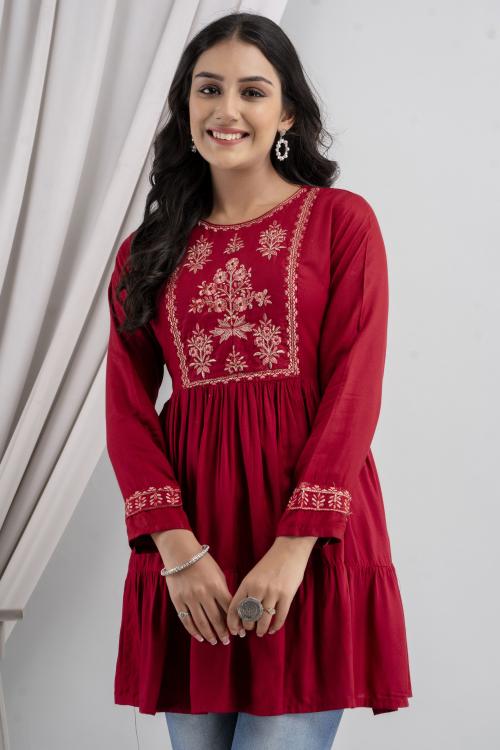 Buy Ratnavali Casual Regular Sleeves Embroidered Women Maroon Top TC011 ...