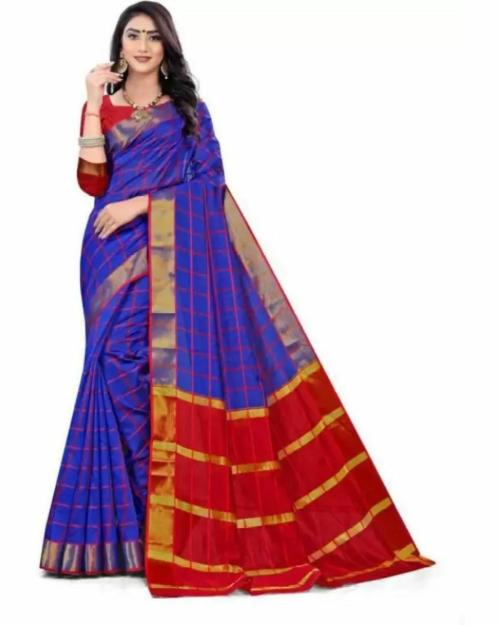 Buy VKARAN Women's Checkered Royal Blue Cotton Silk Woven Saree With ...