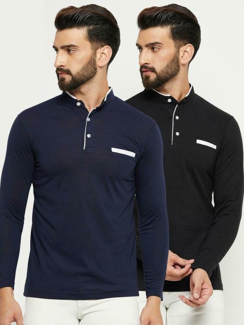 Buy EMERALD APPAREL TRADING Solid Men Mandarin Collar Navy Blue T-Shirt ...