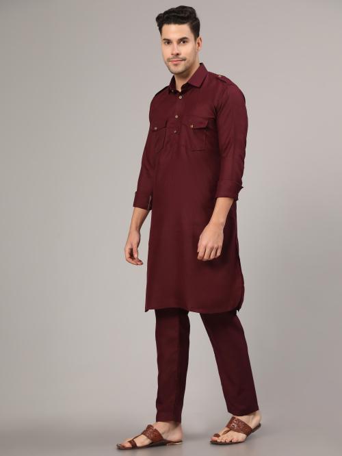 Buy IrisTheStudio Men Maroon Cotton Blend Solid Pathani And Pant Set ...