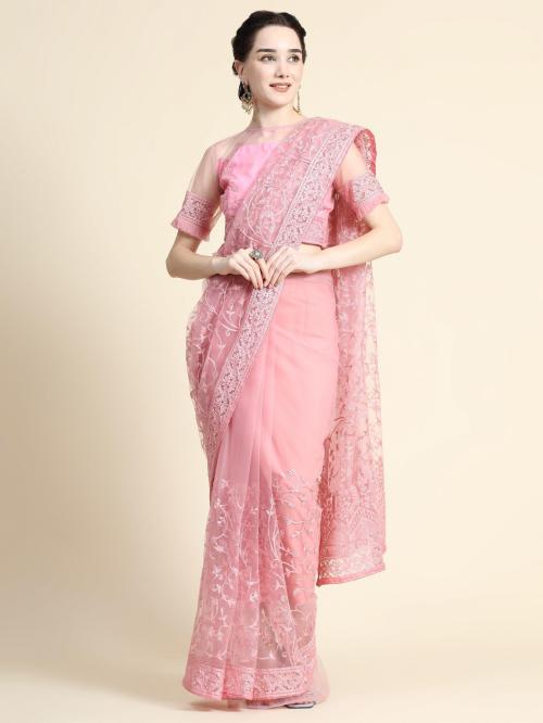 Buy IrisTheStudio Women Pink Net Temple Border, Embroidered, Floral Print Lucknow Chikankari ...