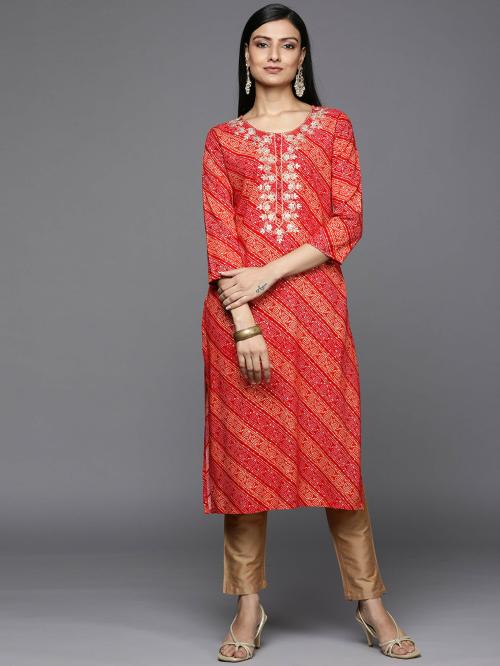 Buy Varanga Red And Orange Bandhani Printed Kurta With Embroidered Yoke ...