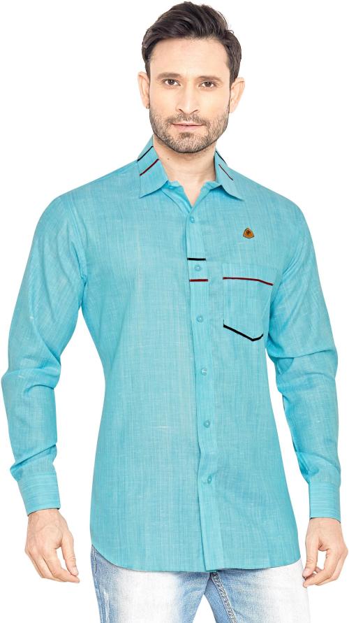 Buy PP SHIRTS Men Blue Self Design Cotton Blend Spread Casual Shirt (L ...