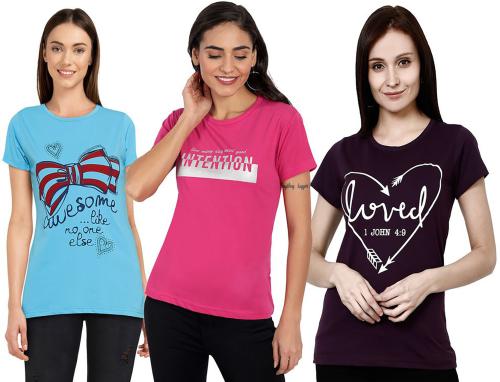Buy CHOZI Women Multicolor Printed Cotton Blend Pack of 3 T-Shirt ...