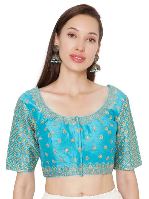 Buy Salwar Studio Women's Sky Blue Raw Silk Art Embroidered Readymade Saree Blouse Online at ...