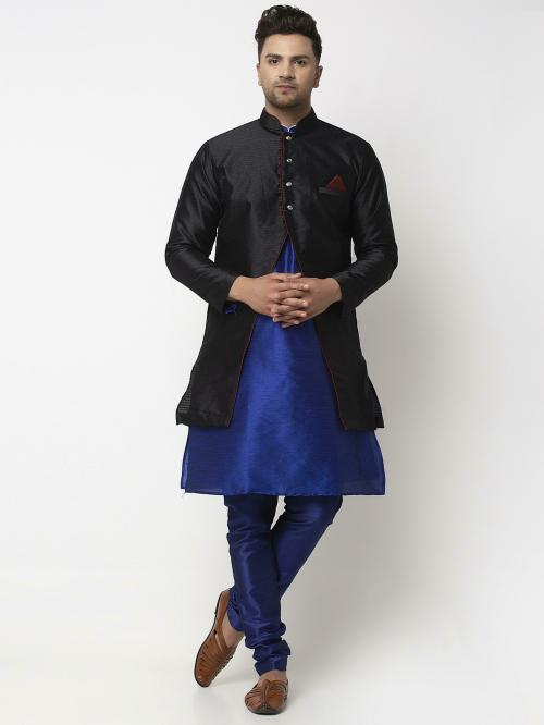 Buy Benstoke Men's Royal Blue Kurta With Pyjama & Black Self Design ...