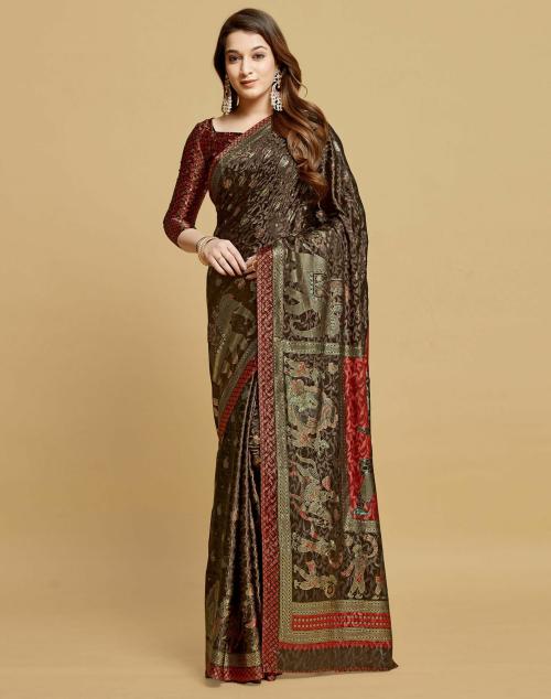 Buy Satrani Crepe & Satin Blend Multicolor & Brown Color Saree with ...