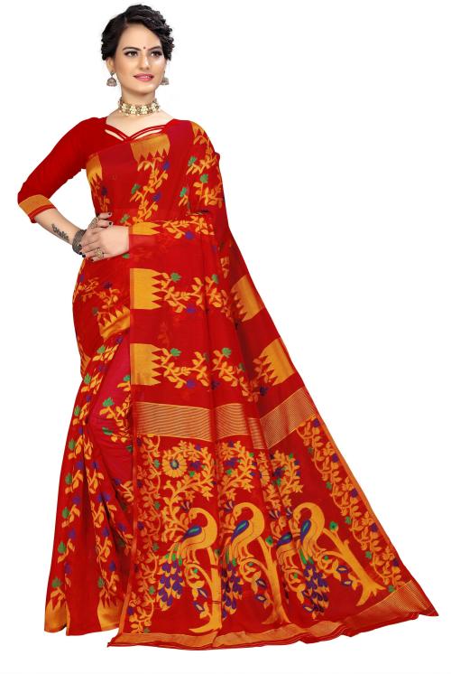 Buy Vedant Vastram Women Red Floral Print Pure Cotton Jamdani Saree ...