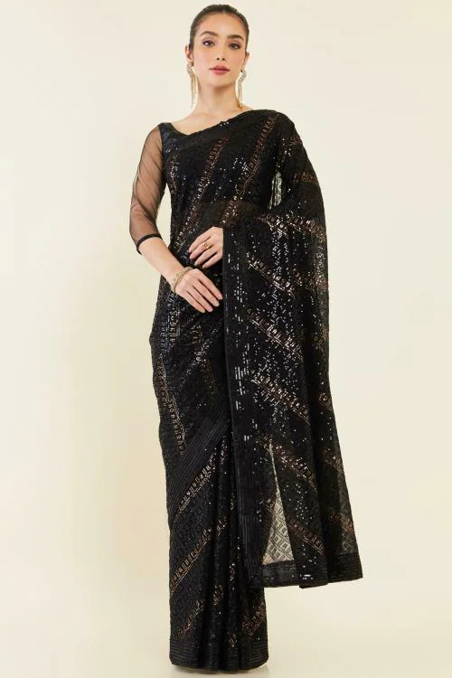 Buy SOCH Women Black Embellished/Sequined Single Saree (Free Size ...
