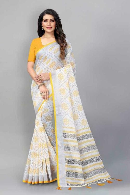 Buy HYPHORIA Women White Printed Cotton Blend Saree Online at Best ...