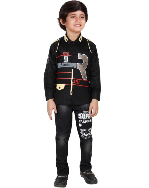 Buy Dkgf Fashion Boys Black Printed Cotton Blend Shirt Jeans Online at ...