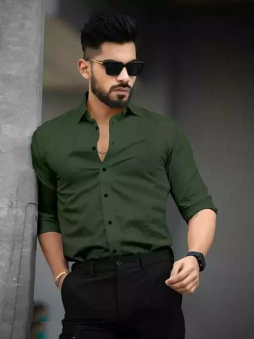 Buy AJ Brothers Men Green Solid Lycra Blend Regular Fit Formal Shirt (L ...