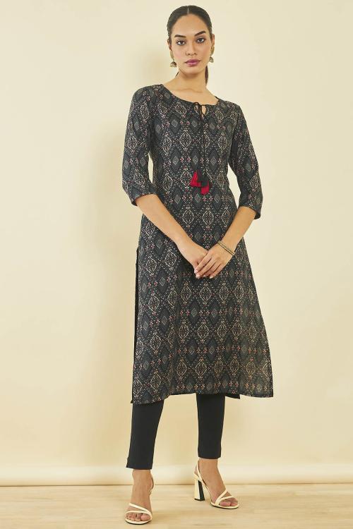 Buy Soch Black Rayon Abstract Print Kurta With Tassels Online at Best ...