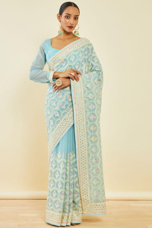 Buy Soch Powder Blue Georgette Saree With Ethnic Embroidery And ...