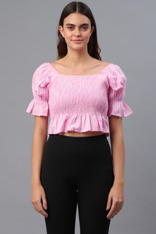 Buy Pretty Loving Thing Women Solid Puff Sleeve Pink Crop Top Online at Best Prices in India ...