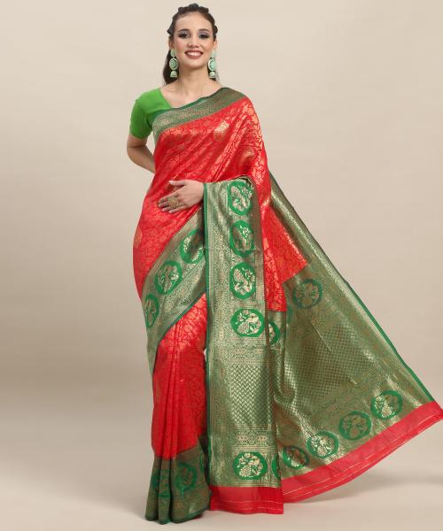 Buy Areca Designer's Adorable Red Color Silk Blend Floral Banarasi Silk ...
