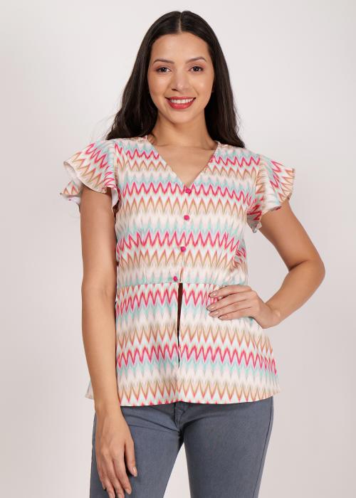 Buy Frolic Rolic Multicolor V- Neck Zig Zag Puff Flared Sleeve Viscose ...