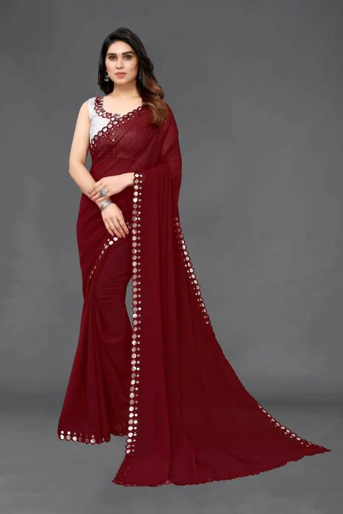 Buy sareya veela Bollywood Women Maroon Embellished Georgette Sarees ...