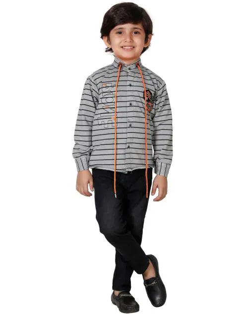 Buy Dkgf Fashion Boys Grey Striped Cotton Blend Shirt Jeans Online at ...