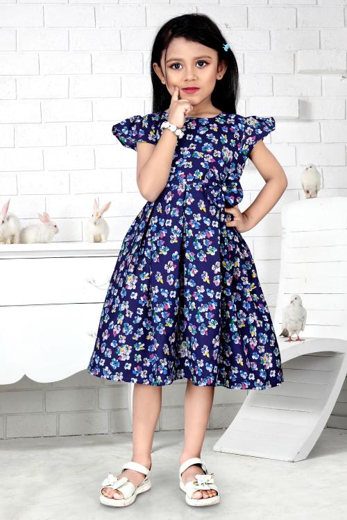 Buy Manaitri Girls Midi/Knee Length Casual Dress (M-Blue-floral-frock ...