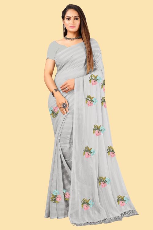 Buy KIWIE Grey Weightless Chiffon Striped Thread Embroidery Saree With ...