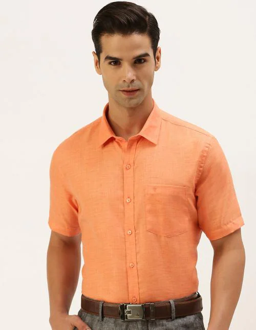 Buy RAMRAJ Men's Orange Solid Polycotton Short Sleeve Shirt Online at ...