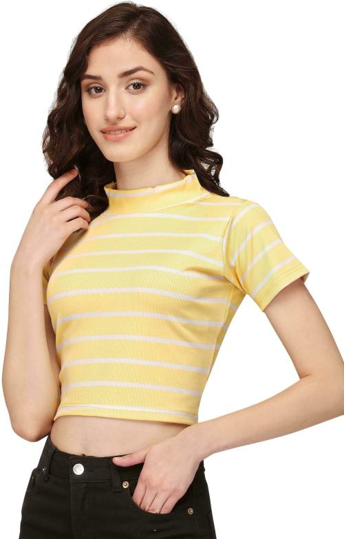 Buy NiloBerry Women Lemon Yellow Striped Lycra Blend Casual Regular ...