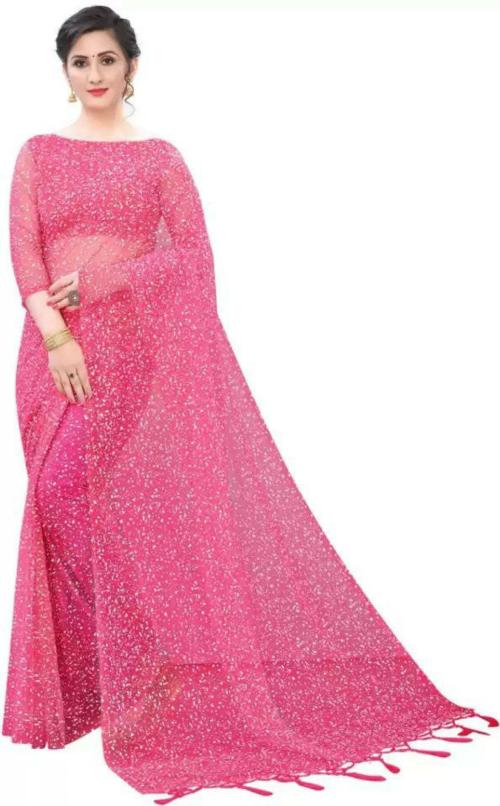 Buy Jay Shree Womens Pink Printed, Self Design, Solid-Plain Net Saree ...