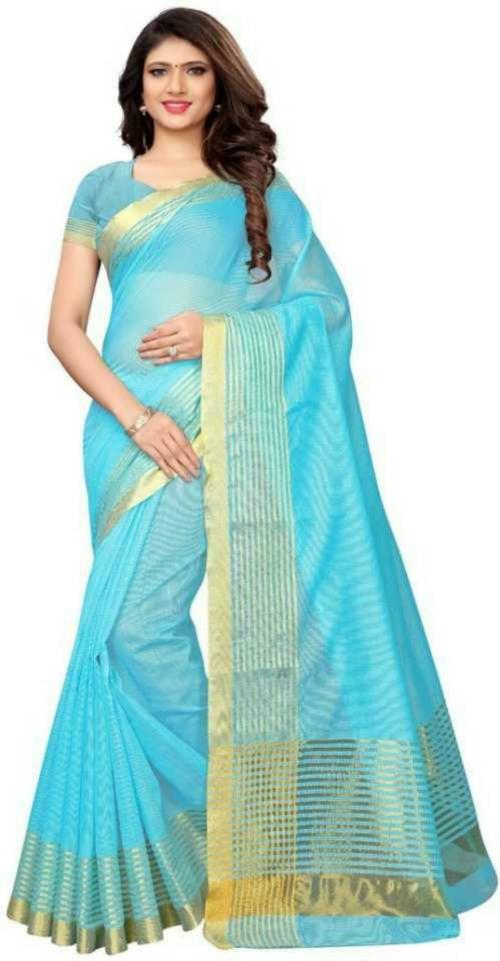 Buy Stylish Sarees Women Light Blue Striped Cotton Blend Saree Online ...