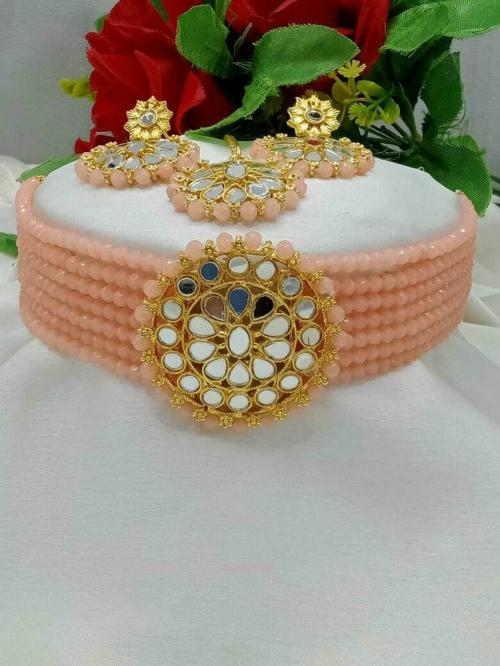 Buy SFJ Gold Plated Alloy Necklace, Earring and Maang Tikka Set (Peach ...