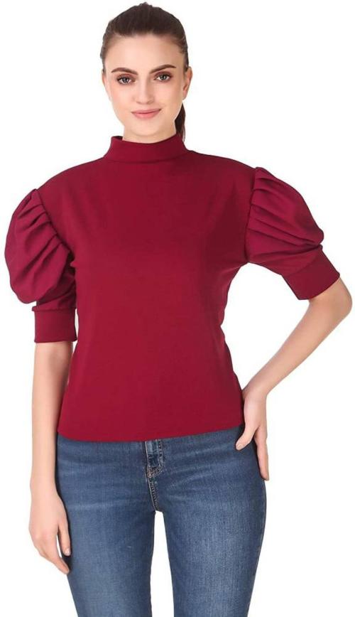 Buy Liza Fashion Women Red Solid Lycra Blend Puff Top - L Online at ...