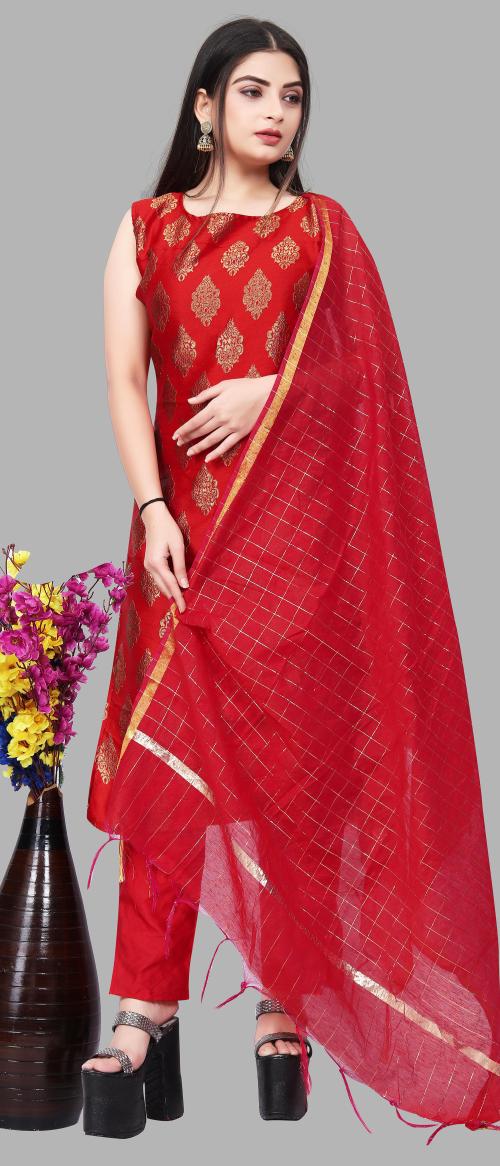 Buy Eilara Women's Silk Blend Red Straight Kutra, Pant with Dupatta Online at Best Prices in ...
