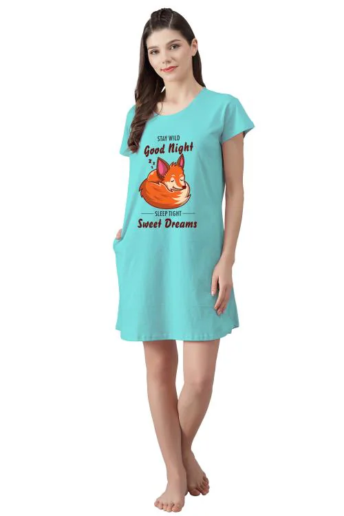 Buy FflirtyGo Women's Sky Color Good Night & Fox Printed Cotton Short ...