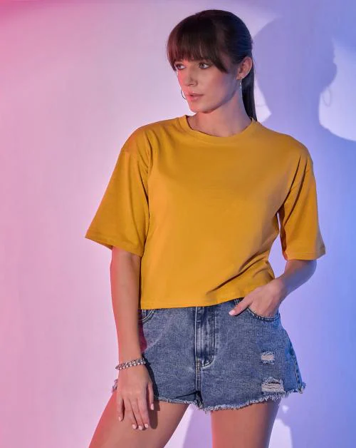 Buy Buynewtrend Mustard Cotton Solid Loose Fit Round Neck Women Short T ...