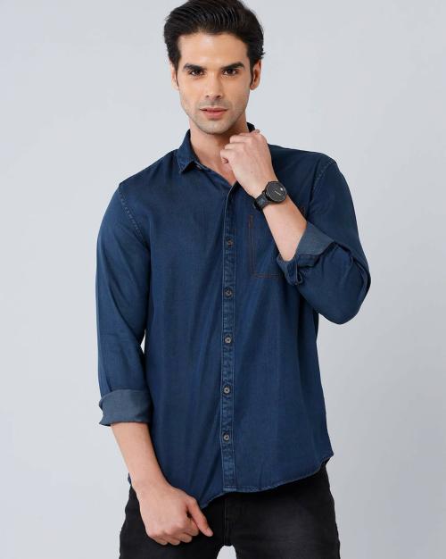 Buy Prototype Men Dark Blue Washed Cotton Blend Casual Shirt (M) Online ...