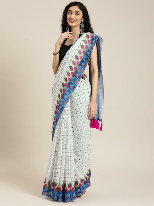 Buy VASTRANAND Women White Linen Blend Checkered Saree Online at Best ...