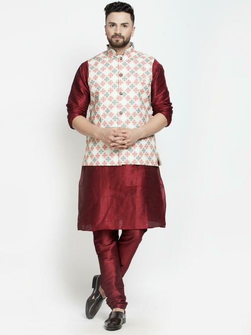 Buy Benstoke Men's Silk Blend Maroon Kurta With Pyjama & Green Printed ...