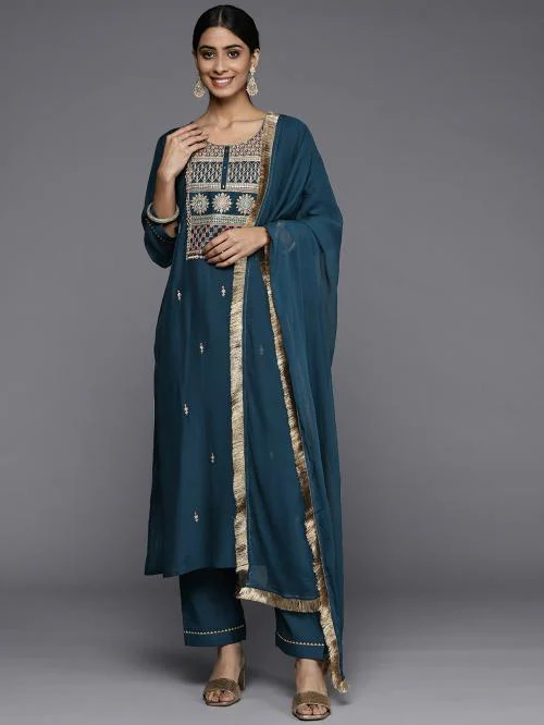 Buy Varanga Blue Embroidered Kurta Paired With Tonal Bottom And Plain ...
