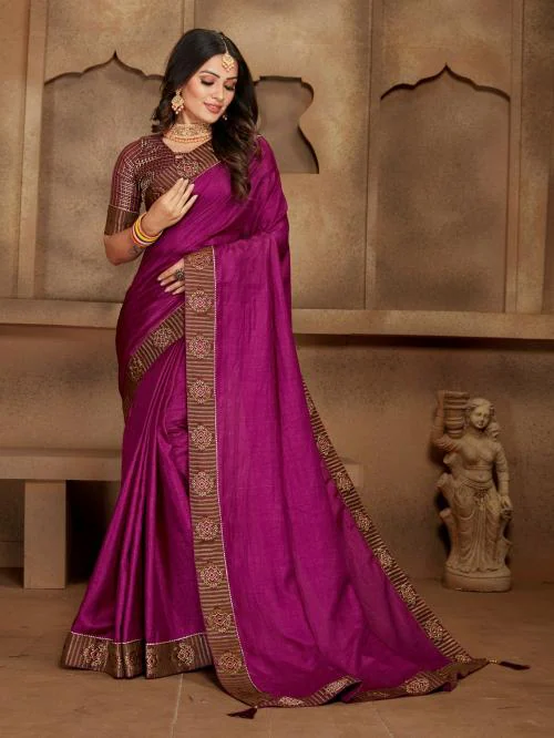 Buy SWIFFIN Premium Collection Vichitra Silk Banarasi Purple Saree For ...
